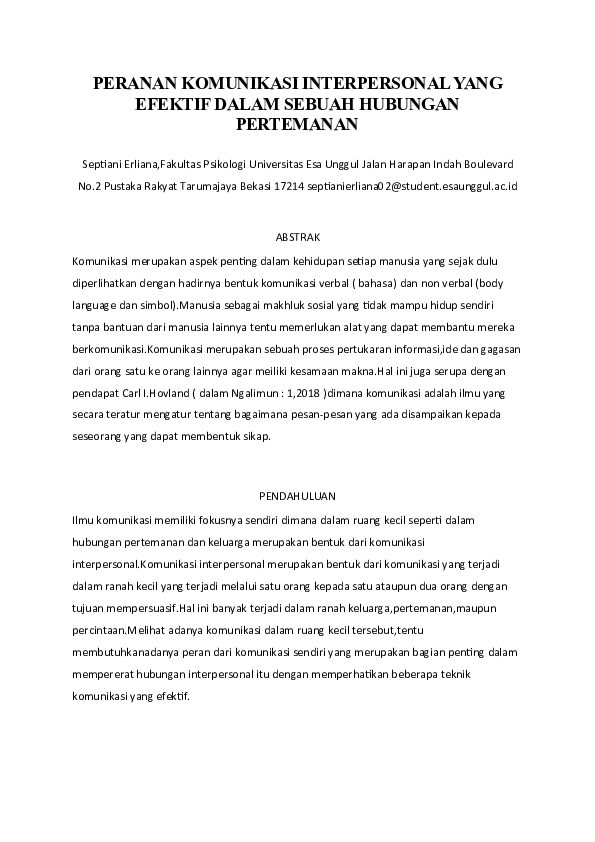 (DOC) PERANAN KOMUNIKASI INTERPERSONAL YANG EFEKTIF DALAM SEBUAH HUBUNGAN PERTEMANAN