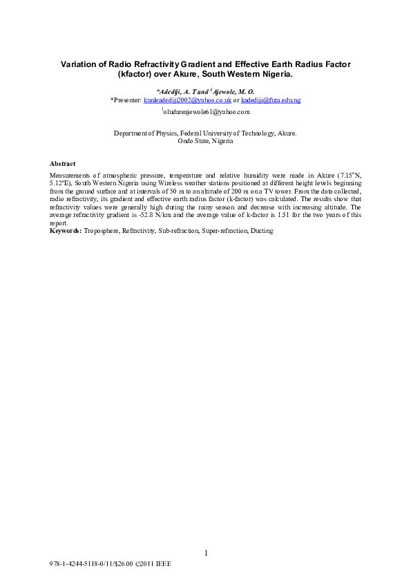 (PDF) Variation of radio refractivity gradient and effective earth radius factor over Akure ...