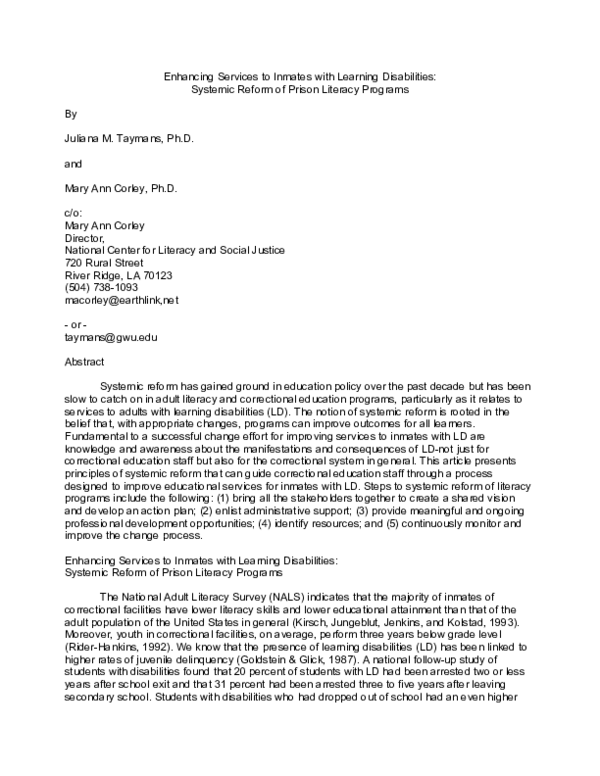 (PDF) Enhancing Services to Inmates with Learning Disabilities ...