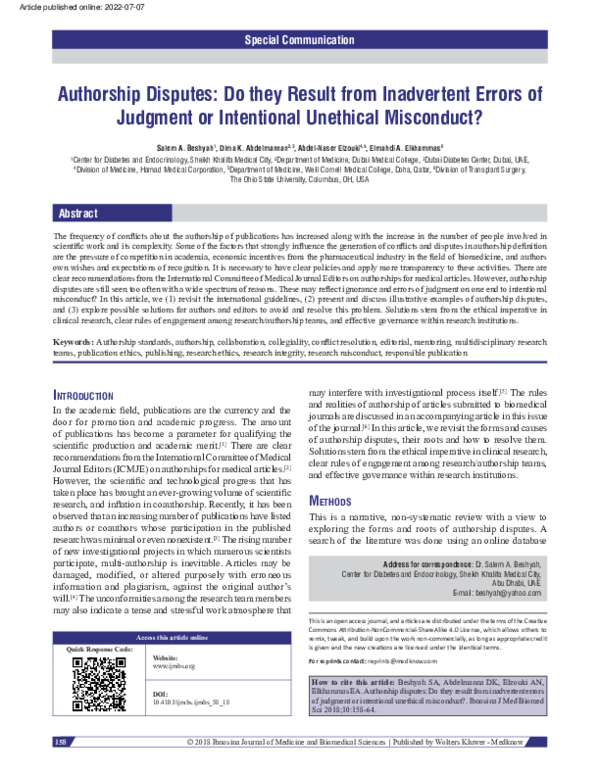 (PDF) Authorship disputes: Do they result from inadvertent errors of ...