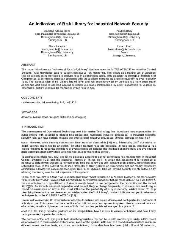 (PDF) An Indicators-of-Risk Library for Industrial Network Security