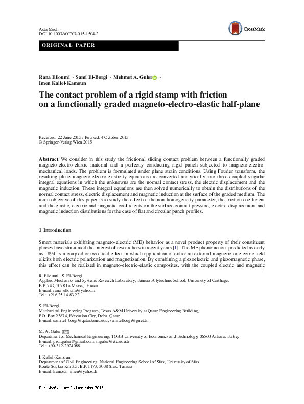 (PDF) The contact problem of a rigid stamp with friction on a ...