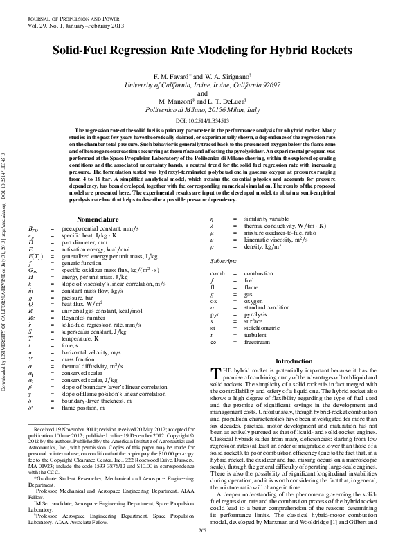 (PDF) Solid-Fuel Regression Rate Modeling for Hybrid Rockets | Francesca Favaro - Academia.edu