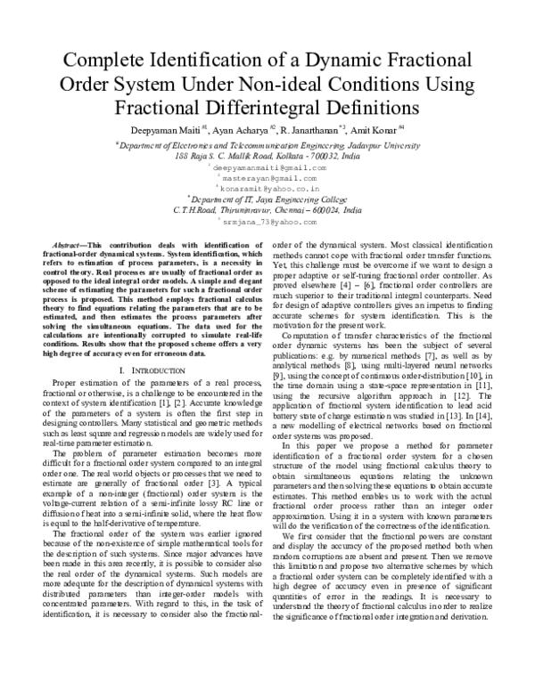 Pdf Complete Identification Of A Dynamic Fractional Order System Under Non Ideal Conditions