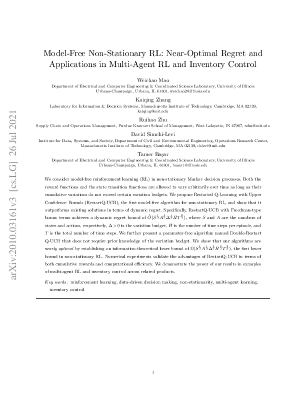 (PDF) Model-Free Non-Stationary RL: Near-Optimal Regret and Applications in Multi-Agent RL and ...