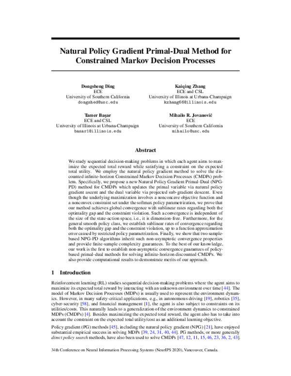 (PDF) Natural Policy Gradient Primal-Dual Method for Constrained Markov Decision Processes