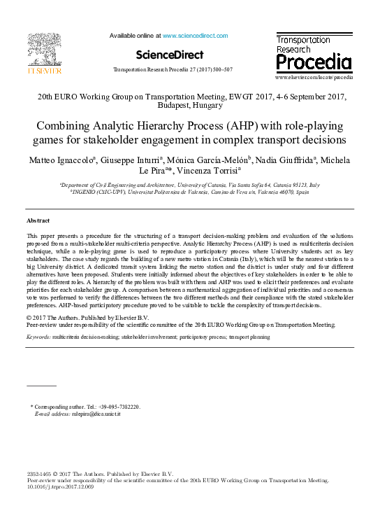 Pdf Combining Analytic Hierarchy Process Ahp With Role Playing Games For Stakeholder