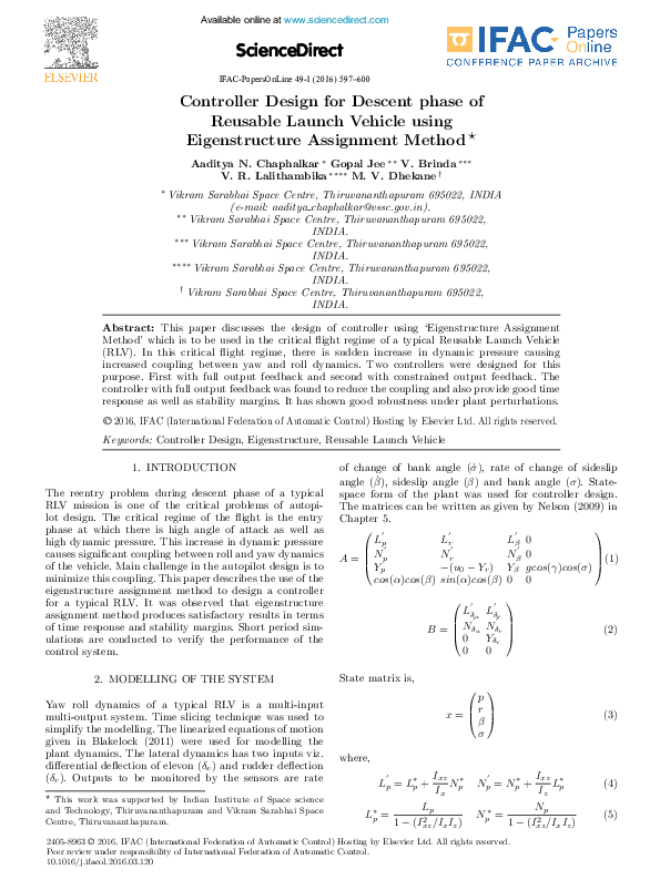 (PDF) Controller Design for Descent phase of Reusable Launch Vehicle using Eigenstructure ...