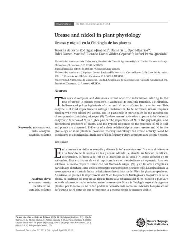(PDF) Ureasa y níquel en la fisiología de las plantas