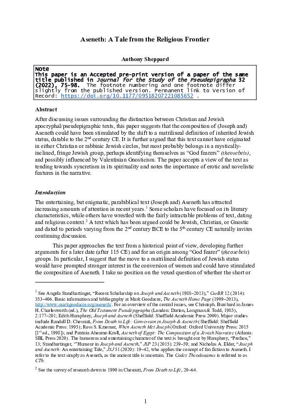 (PDF) Aseneth: A Tale from the Religious Frontier (Pre-print version)