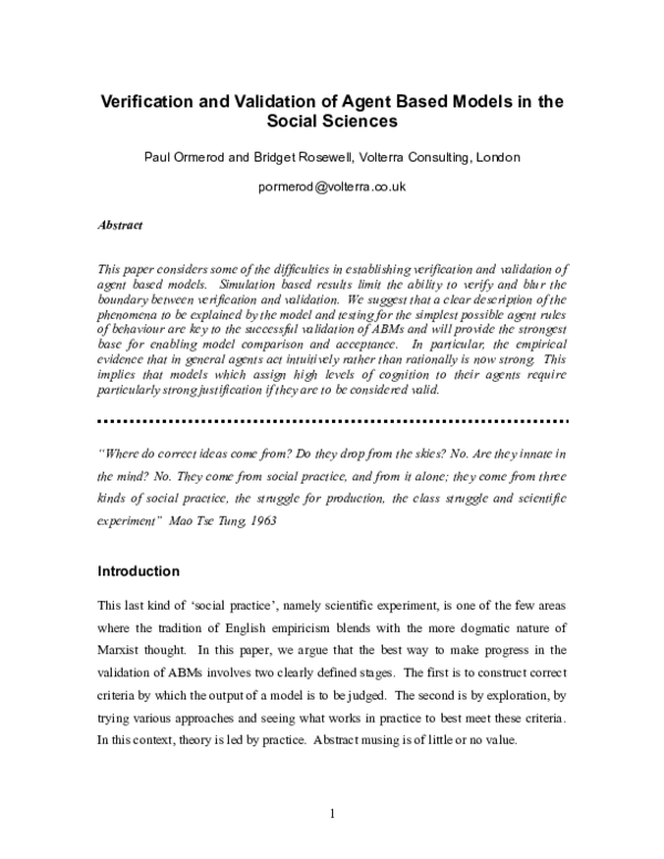 (PDF) Verification and Validation of Agent Based Models in the Social Sciences
