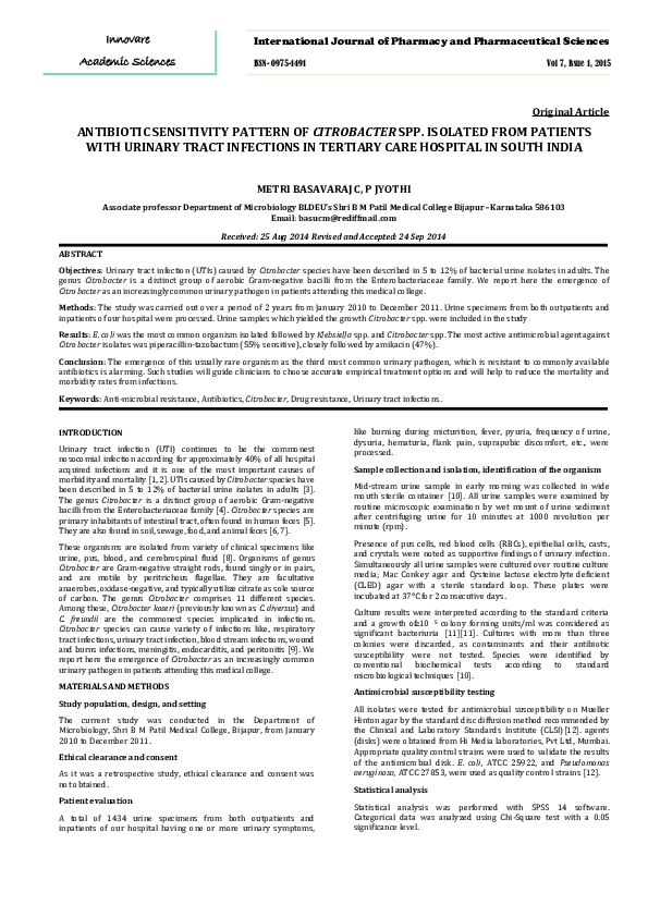 Pdf Antibiotic Sensitivity Pattern Of Citrobacter Spp Isolated From