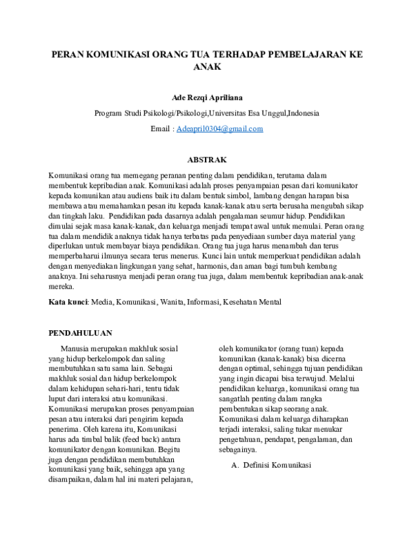 Doc Peran Komunikasi Orang Tua Terhadap Pembelajaran Ke Anak