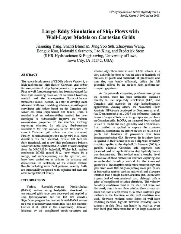 Pdf Large Eddy Simulation Of Ship Flows With Wall Layer Models On Cartesian Grids Tao Xing
