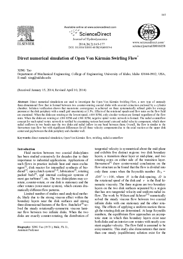 (PDF) Direct numerical simulation of Open Von Kármán Swirling Flow