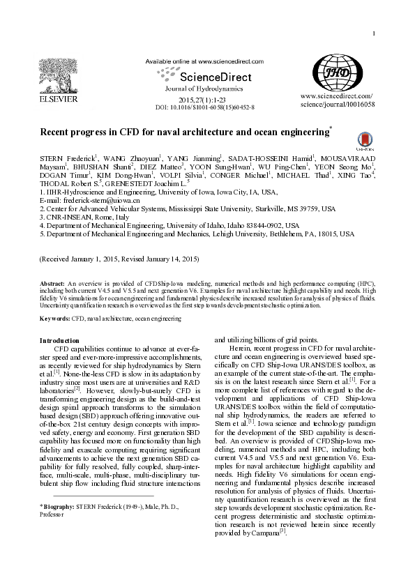 (PDF) Recent progress in CFD for naval architecture and ocean engineering