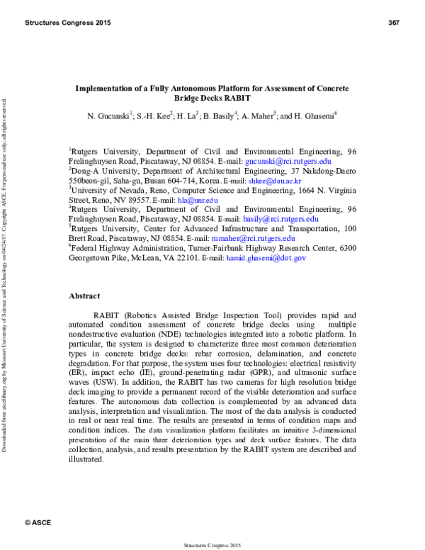 (PDF) Implementation of a Fully Autonomous Platform for Assessment of Concrete Bridge Decks RABIT