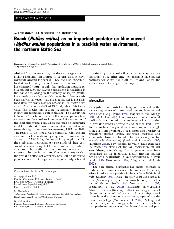 (PDF) Roach (Rutilus rutilus) as an important predator on blue mussel ...