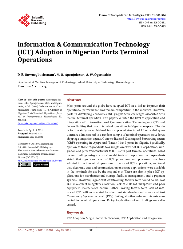 (PDF) Information & Communication Technology(ICT) Adoption in Nigerian Ports Terminal Operations