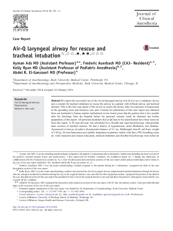 (PDF) Air-Q laryngeal airway for rescue and tracheal intubation