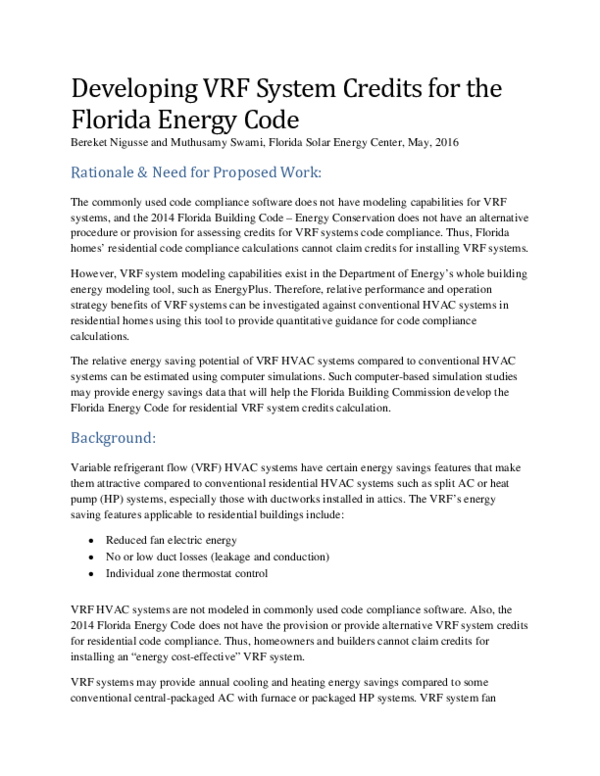 (PDF) Developing VRF System Credits for the Florida Energy Code