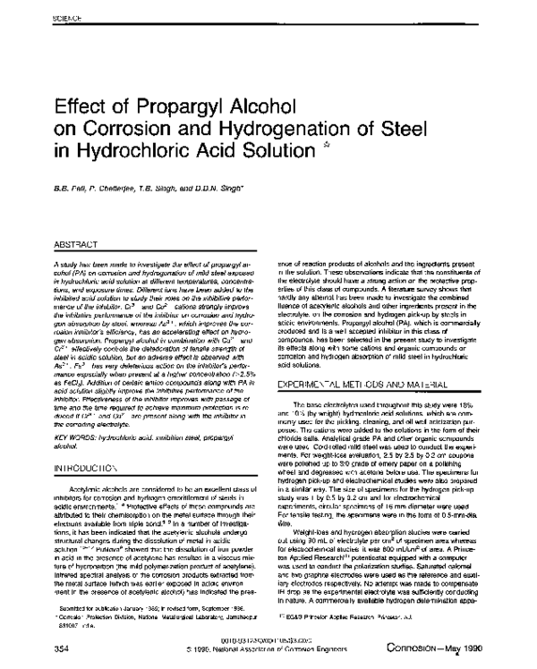 Effect of Propargyl Alcohol on Corrosion and Hydrogenation of Steel in ...