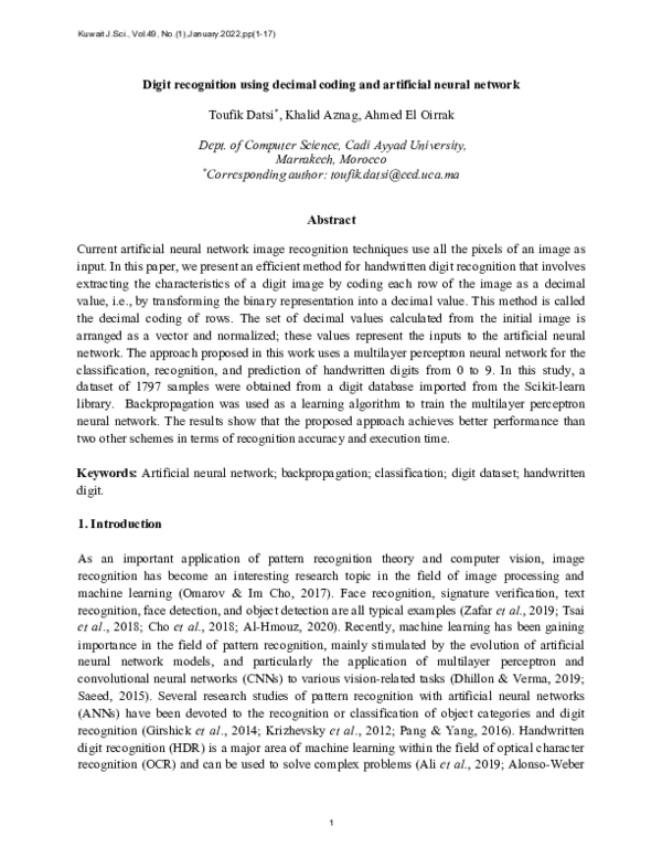 Pdf Digit Recognition Using Decimal Coding And Artificial Neural Network 2599