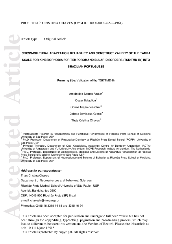 (PDF) Cross-cultural adaptation, reliability and construct validity of the Tampa scale for ...