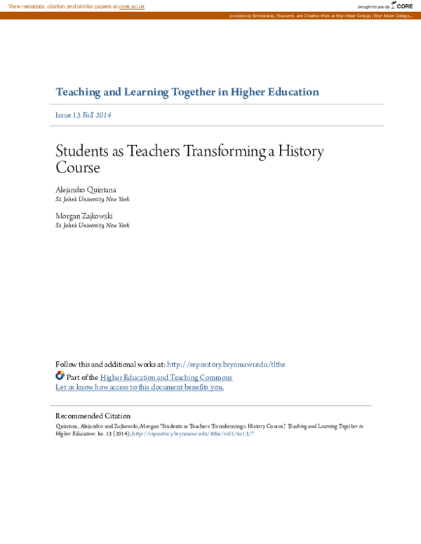 (PDF) Students as Teachers Transforming a History Course