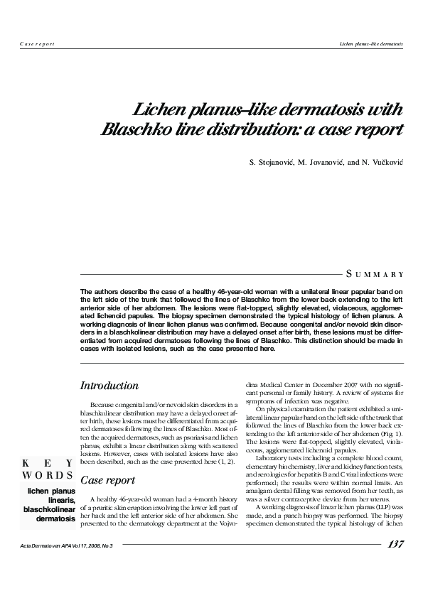 (PDF) Lichen planus-like dermatosis with Blaschko line distribution: a case report | Nada ...