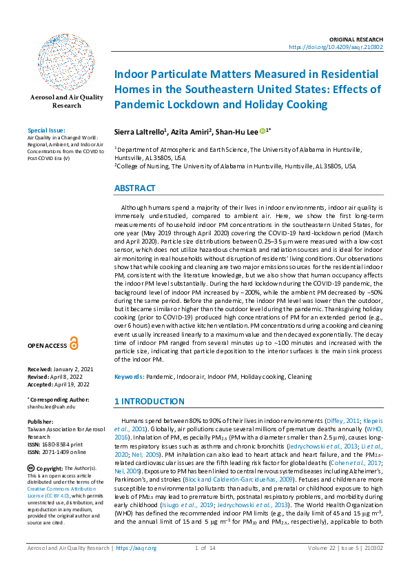 (PDF) Indoor PM in Southeastern US Homes: Pandemic Effects & Cooking