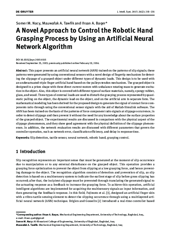 (PDF) A Novel Approach to Control the Robotic Hand Grasping Process by Using an Artificial ...