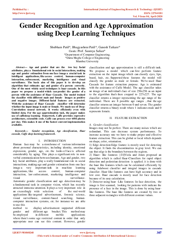 (PDF) Gender Recognition and Age Approximation using Deep Learning Techniques