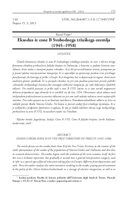 (PDF) Eksodus iz cone B Svobodnega tržaškega ozemlja (1945−1958 ...