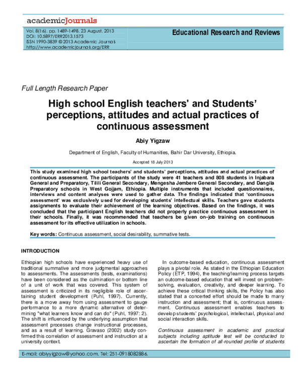 (PDF) High school English teachers' and Students' perceptions, attitudes and actual practices of ...