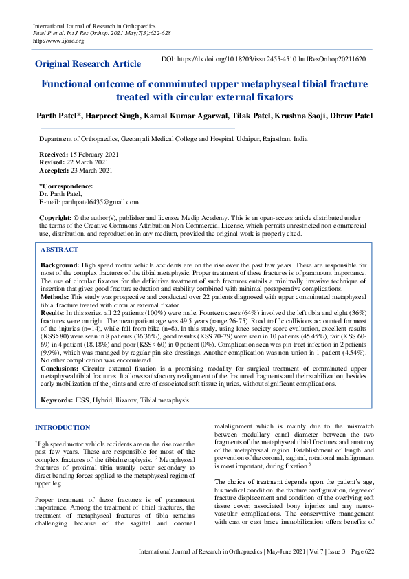 (PDF) Functional outcome of comminuted upper metaphyseal tibial fracture treated with circular ...