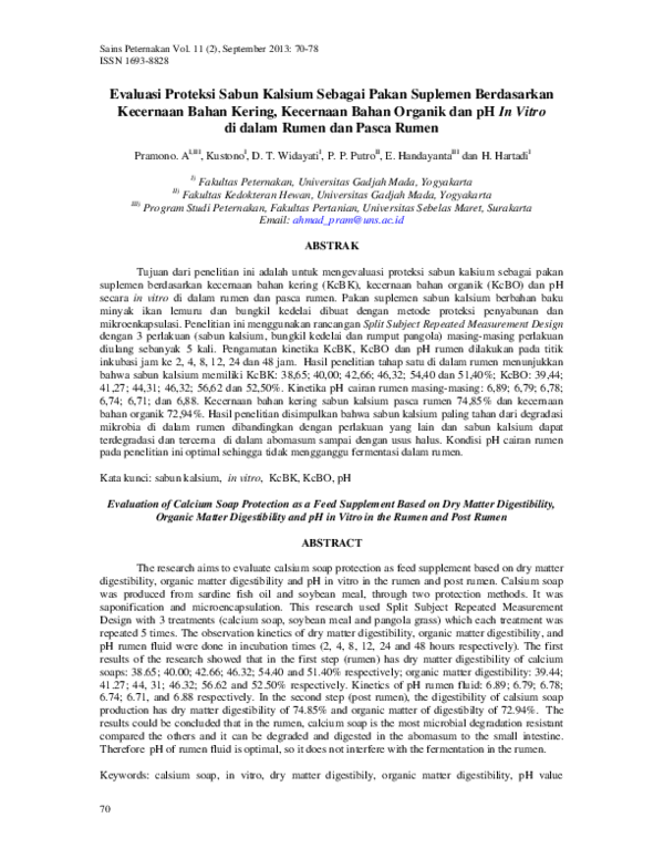 (PDF) Evaluasi Proteksi Sabun Kalsium Sebagai Pakan Suplemen Berdasarkan Kecernaan Bahan Kering ...