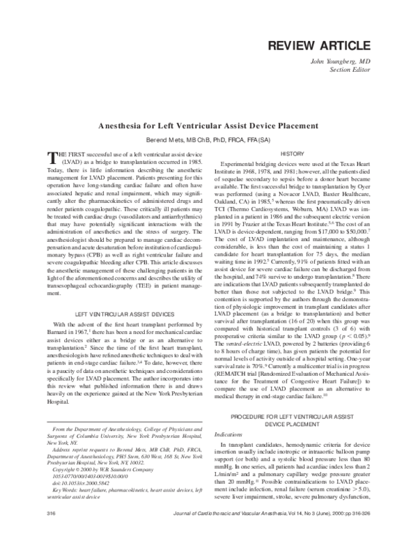 (PDF) Anesthesia for left ventricular assist device placement ...