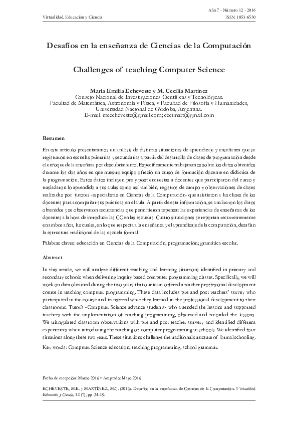 (PDF) Desafíos en la enseñanza de Ciencias de la Computación