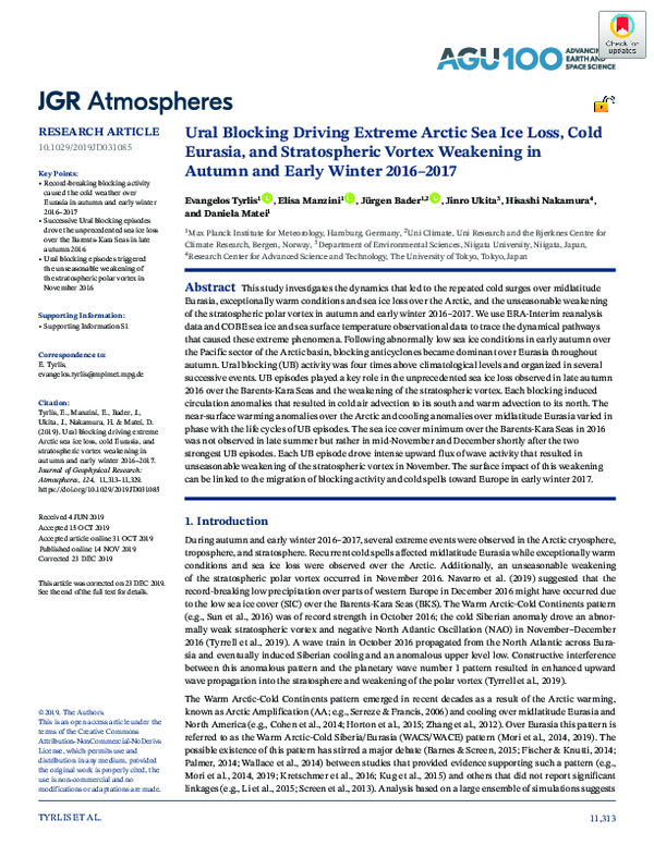 (PDF) Ural Blocking Driving Extreme Arctic Sea Ice Loss, Cold Eurasia ...