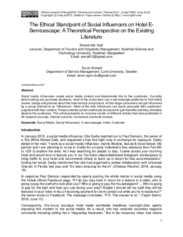 (PDF) The Ethical Standpoint of Social Influencers on Hotel ...