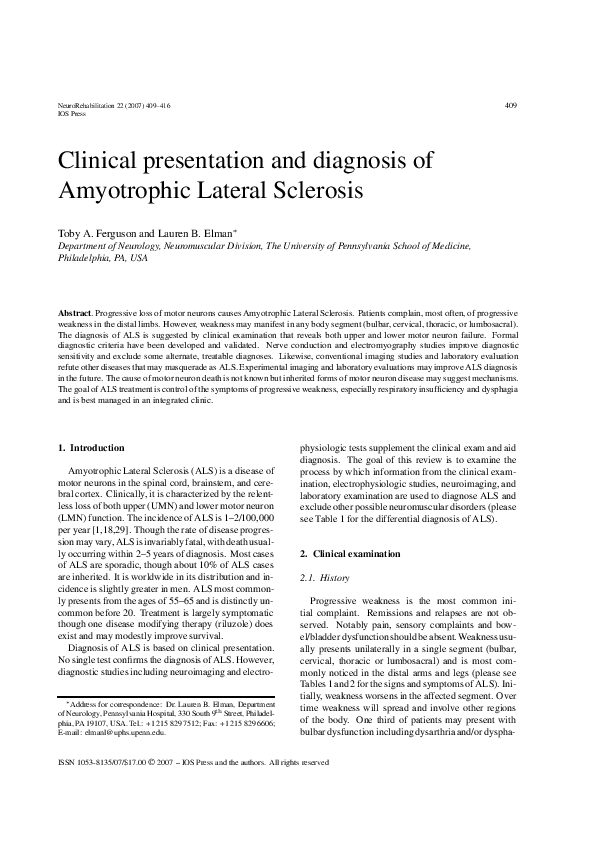 (PDF) Clinical presentation and diagnosis of Amyotrophic Lateral Sclerosis