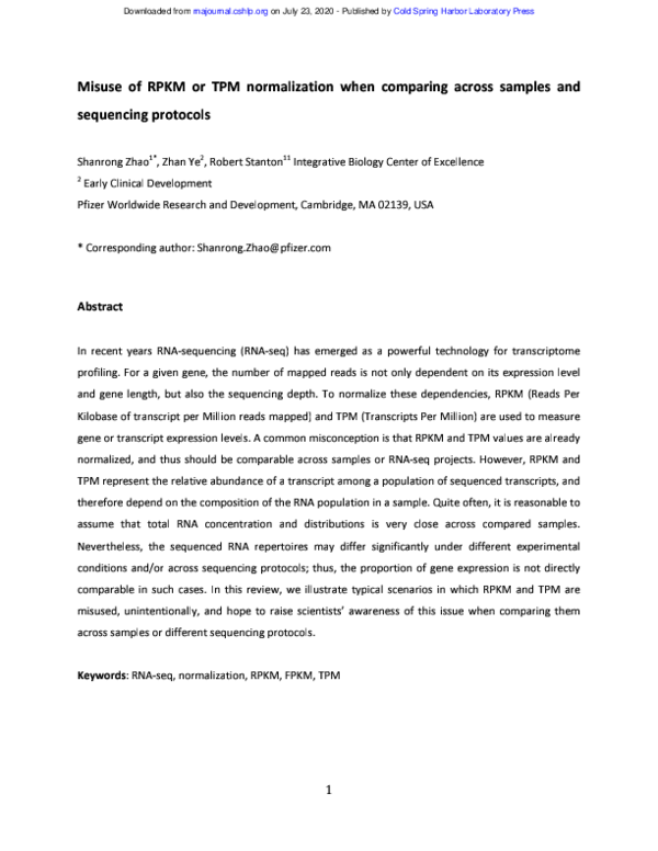 (PDF) Misuse of RPKM or TPM normalization when comparing across samples and sequencing protocols