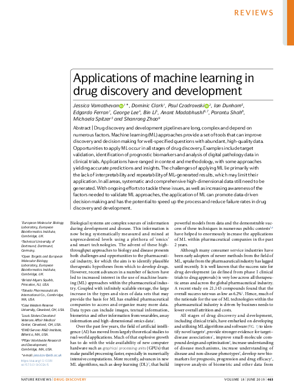 (PDF) Applications of machine learning in drug discovery and development