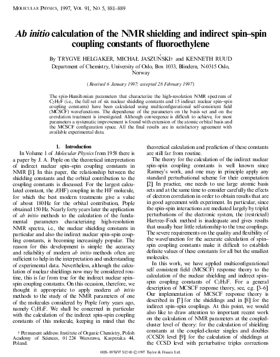(PDF) Ab initio calculation of the NMR shielding and indirect spin-spin coupling constants of ...