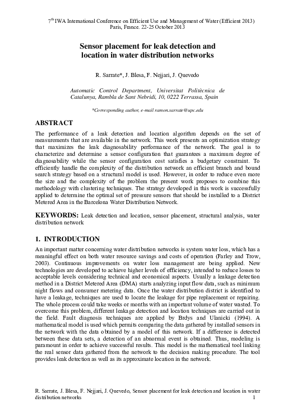 Pdf Sensor Placement For Leak Detection And Location In Water