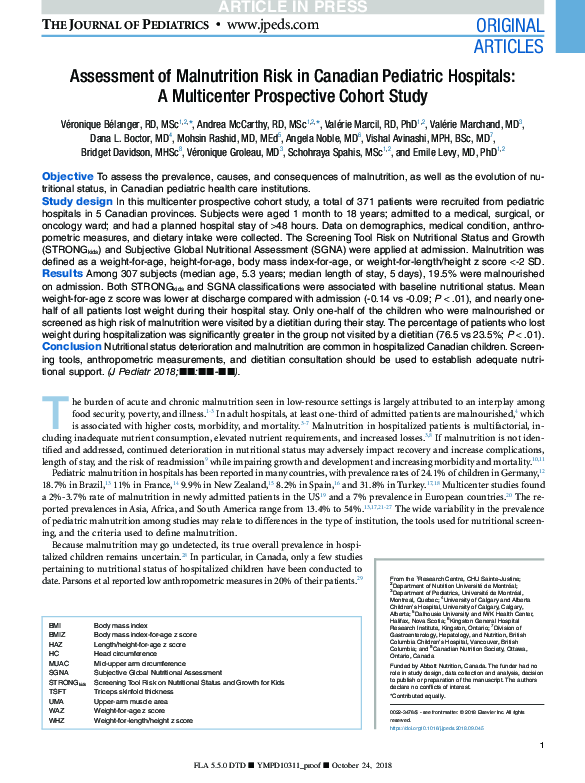 (PDF) Assessment of Malnutrition Risk in Canadian Pediatric Hospitals ...