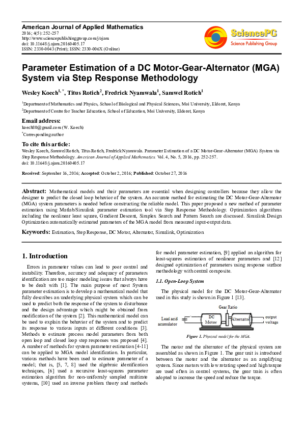 (PDF) Parameter Estimation of a DC Motor-Gear-Alternator (MGA) System via Step Response Methodology