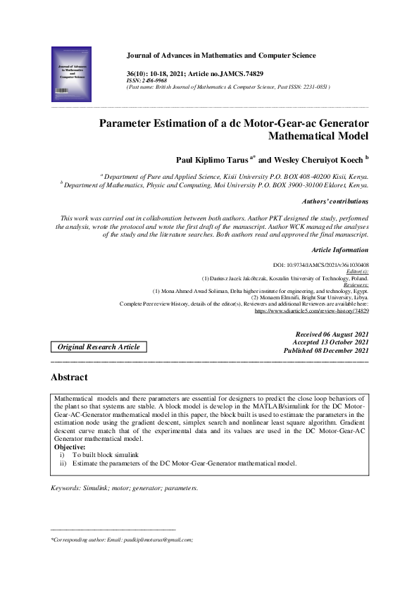 (PDF) Parameter Estimation of a dc Motor-Gear-ac Generator Mathematical ... (PDF) Parameter Estimation of a dc Motor-Gear-ac Generator Mathematical ...