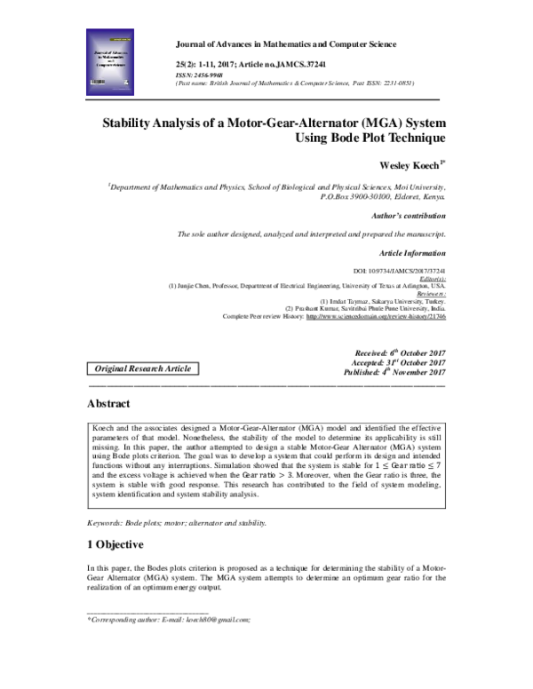 (PDF) Stability Analysis of a Motor-Gear-Alternator (MGA) System Using ...